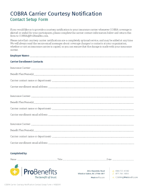Fillable Online COBRA Carrier Courtesy Notification Contact Setup Form ...