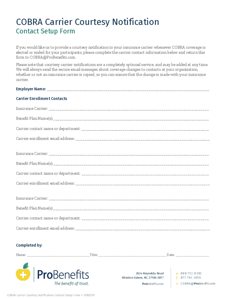 Fillable Online COBRA Carrier Courtesy Notification Contact Setup Form ...