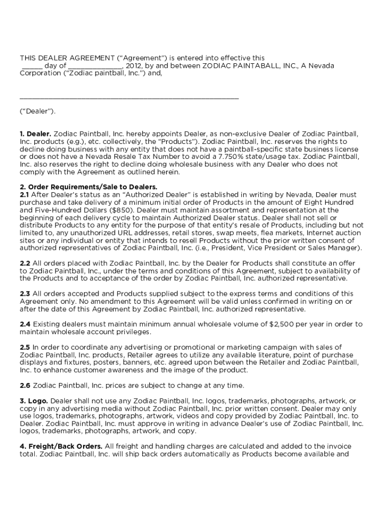 Fillable Online THIS DEALER AGREEMENT (Agreement) is entered into ...