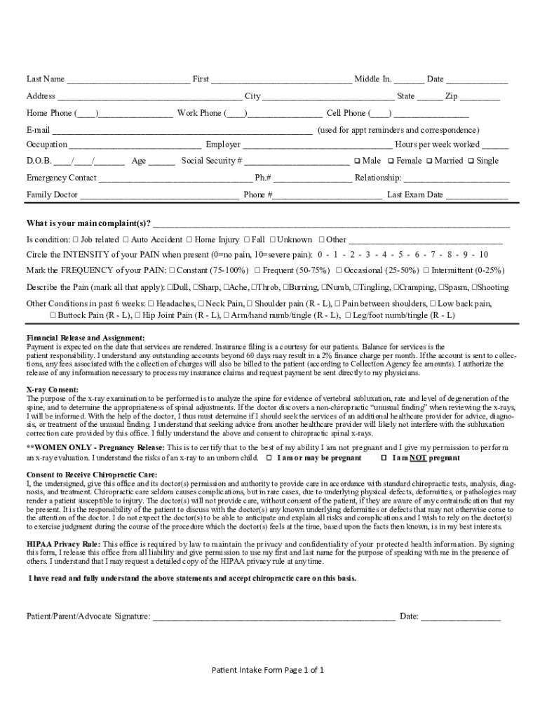 Fillable Online Pa ent Intake Form Page 1 of 1 Last Name First Middle ...