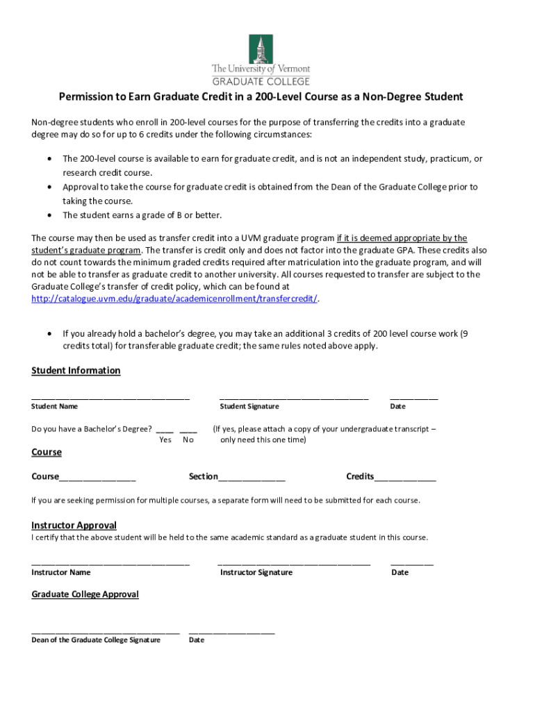 Fillable Online Permission to Earn Graduate Credit in a 200-Level ...