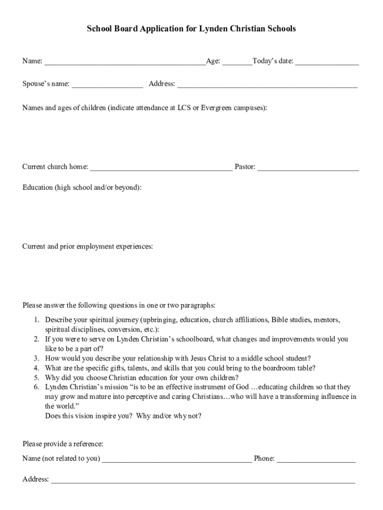 Fillable Online School Board Application for Lynden Christian Schools ...
