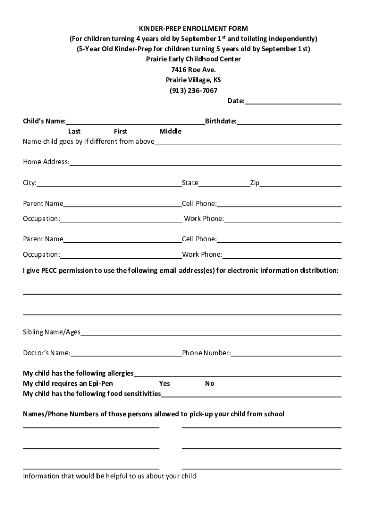Fillable Online Kinder-Prep Enrollment Form Fax Email Print - pdfFiller