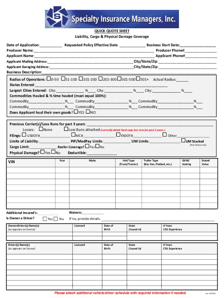 Fillable Online QUICK QUOTE SHEET Liability, Cargo & Physical Damage ...