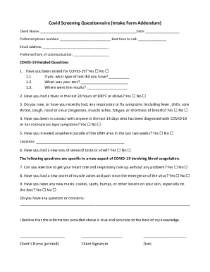 Fillable Online Covid Screening Questionnaire (Intake Form Addendum ...