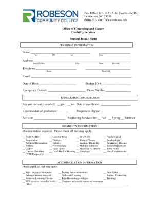 Fillable Online Student Intake Form Disability Services Fax Email Print ...