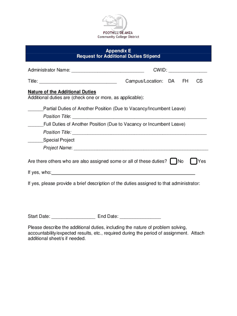 Fillable Online Appendix E - Request for Additional Duties Stipend Fax Email Print - pdfFiller