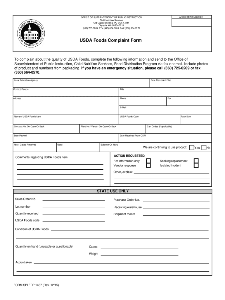 Fillable Online USDA Foods Complaint Form Fax Email Print - pdfFiller