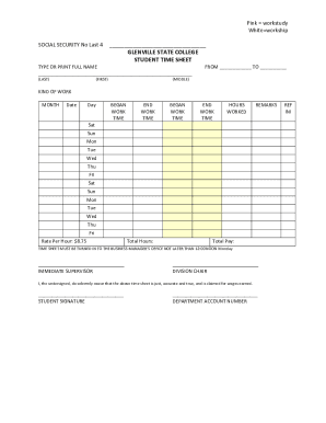 Fillable Online GLENVILLE STATE COLLEGE STUDENT TIME SHEET Fax Email ...