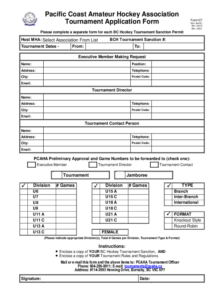 Fillable Online Form127-Tournament Application Form. ... Fax Email ...