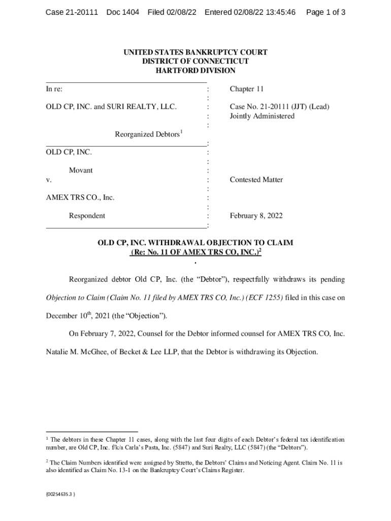 Fillable Online 2022-2.8 Withdrawal of Objection to Claim No. 11 AMEX ...