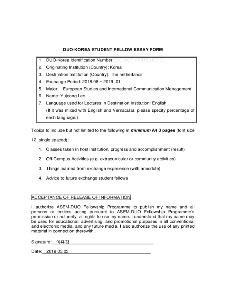 Fillable Online DUO-Korea Student Fellows Essay Form (003) Fax Email Print - pdfFiller