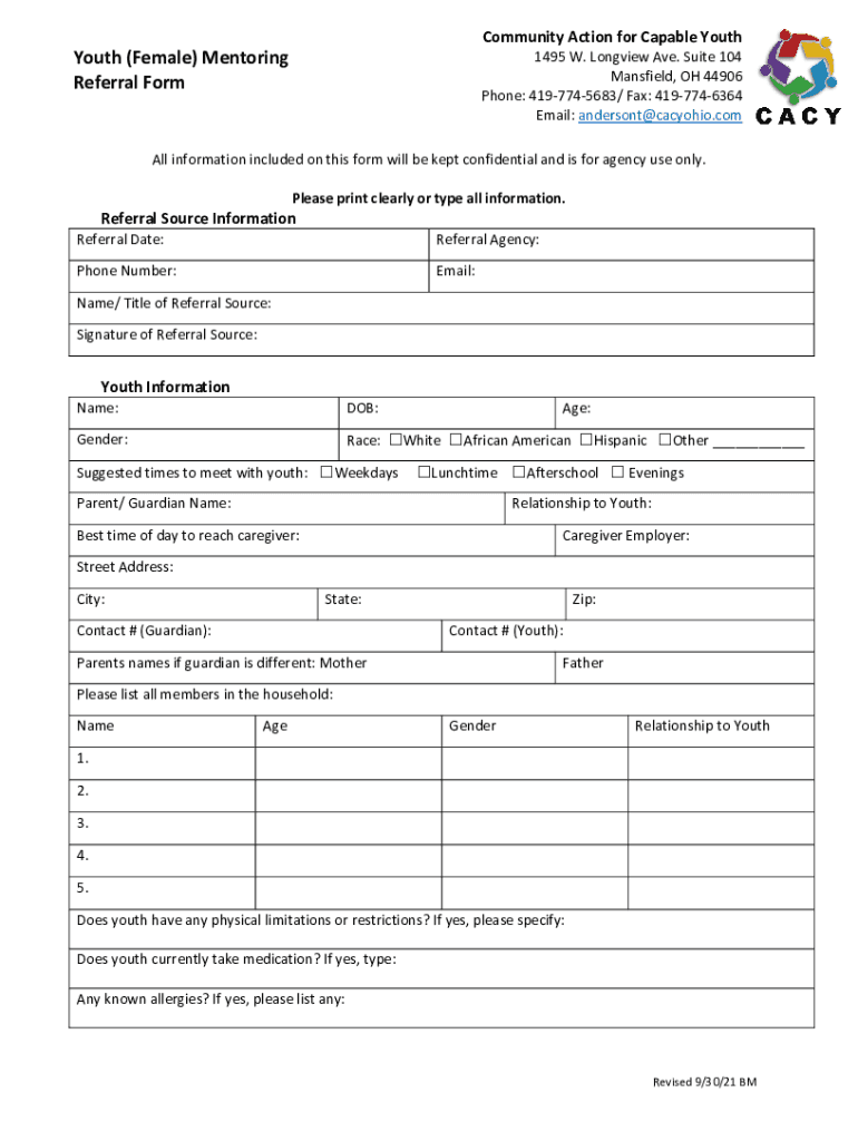 Fillable Online Youth (Female) Mentoring Referral Form Fax Email Print ...