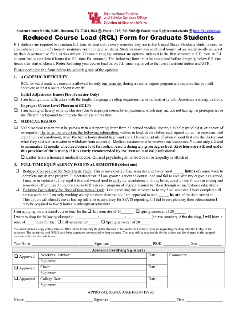 Fillable Online Reduced Course Load (RCL) Form for Graduate Students Fax Email Print - pdfFiller