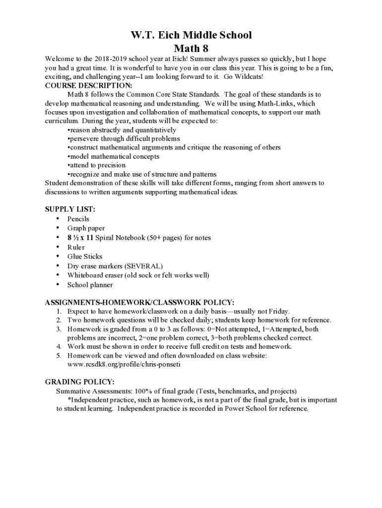 Fillable Online W.T. Eich Middle School Integrated Math 1 Syllabus Fax ...