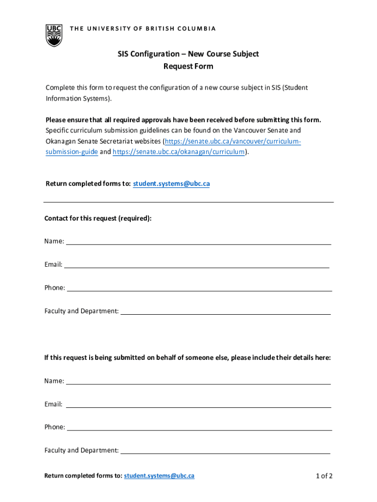 Fillable Online facultystaff students ubc SIS ConfigurationNew Course Subject Request Form Fax ...
