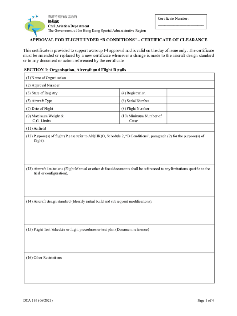 Fillable Online DCA 195 Certificate of Clearance for Flights under B ...