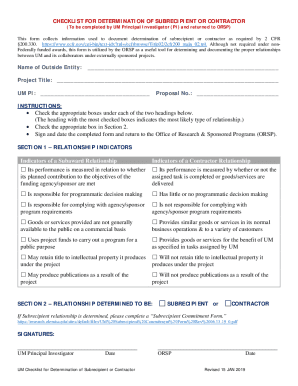 Fillable Online UM Checklist for Determination of Subrecipient or ...