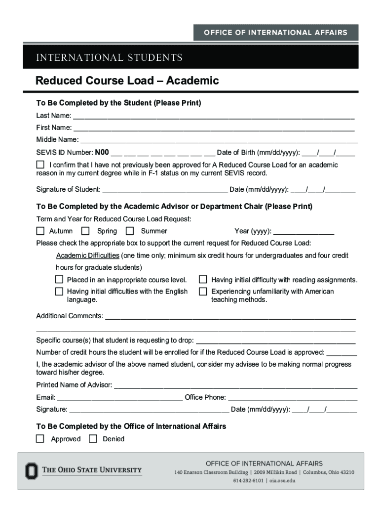 Fillable Online oia osu Reduced Course LoadAcademic Fax Email Print - pdfFiller