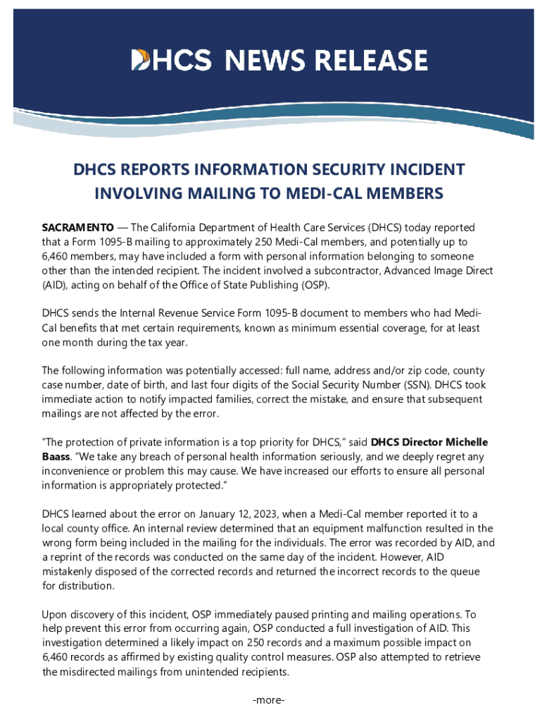 Fillable Online DHCS: Some Medi-Cal members received wrong 1095 forms ...