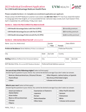 Fillable Online UVM Health Advantage Plans Individual Enrollment Application 2023. UVM Health ...