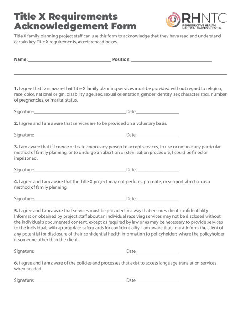 Fillable Online Title X Requirements Acknowledgement Form Sample Fax ...