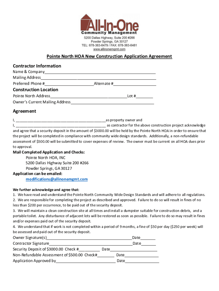 Fillable Online Pointe-North-HOA-New-Construction-Application- ... Fax ...