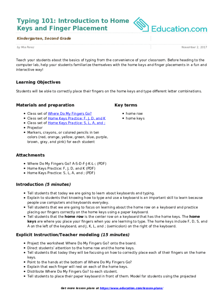 Fillable Online Typing 101: Introduction to Home Keys and Finger Placement Fax Email Print ...