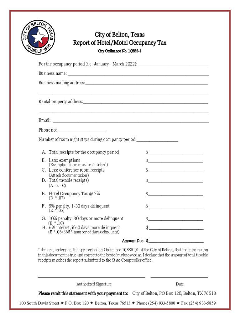 Fillable Online City of Belton, Texas Report of Hotel/Motel Occupancy ...