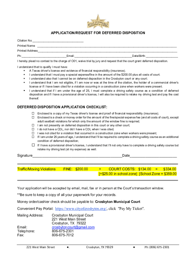 Fillable Online PLEA AND REQUEST FOR DEFERRED DISPOSITION I, ... Fax ...