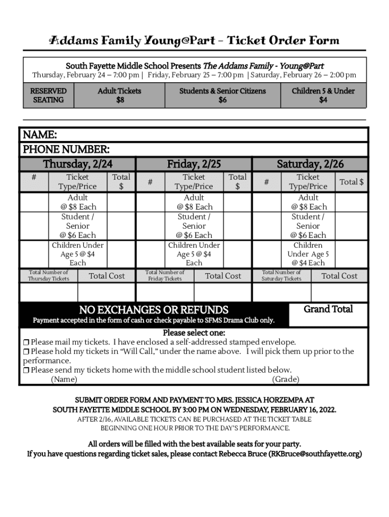 Fillable Online ADDAMS FAMILY - PUBLIC TICKET ORDER FORM Fax Email ...
