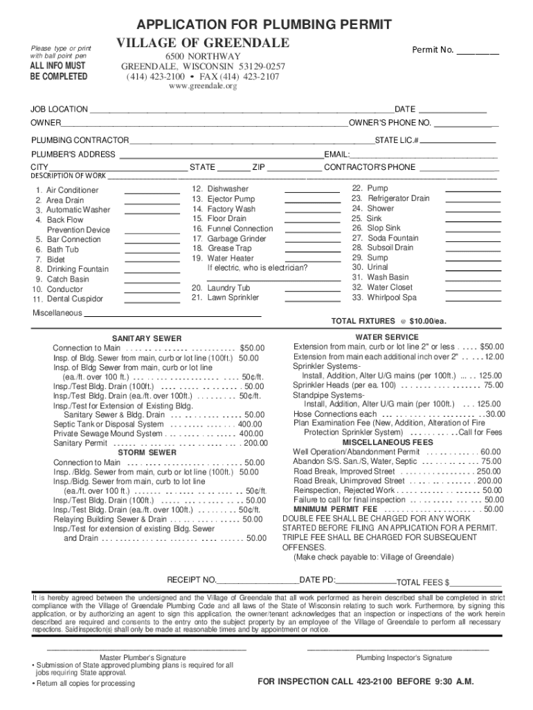 Fillable Online application for plumbing permit - village of greendale Fax Email Print - pdfFiller
