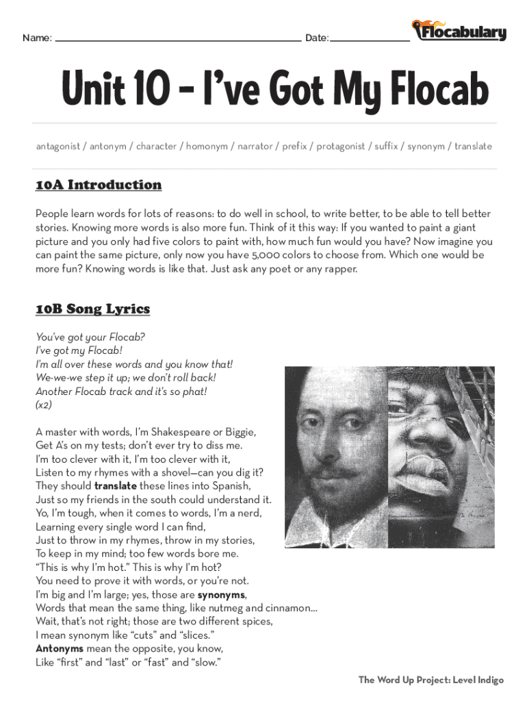 Fillable Online Flocabulary Indigo Unit 10: I've Got My Flocab ...