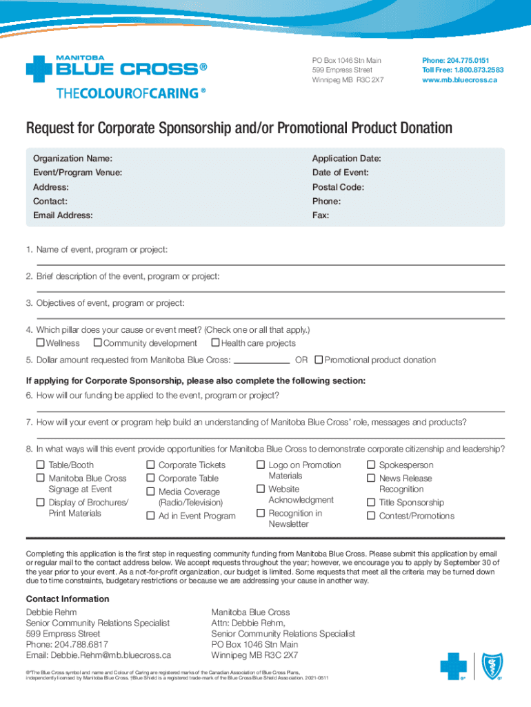 Fillable Online Request for Corporate Sponsorship and/or Promotional ...