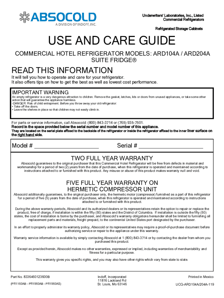 Fillable Online Absocold Suite Fridge ARD204ABS 1/2 Use and care guide ...