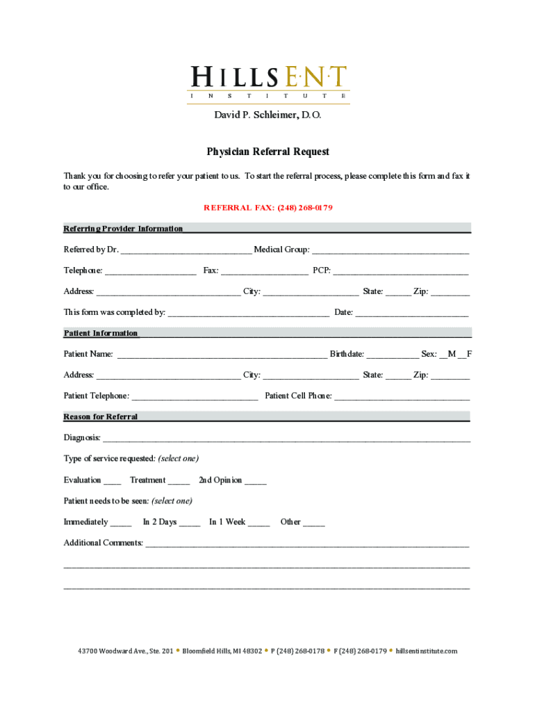 Fillable Online Hills ENT Institute; David P. Schleimer, D.O. Sinus ...