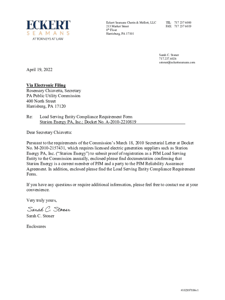 Fillable Online FILING LETTER TO PA PUC RE LOAD SERVING ENTITY ...