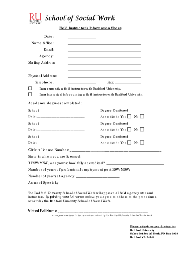 Fillable Online Radford University - School of Social Work - Field ...