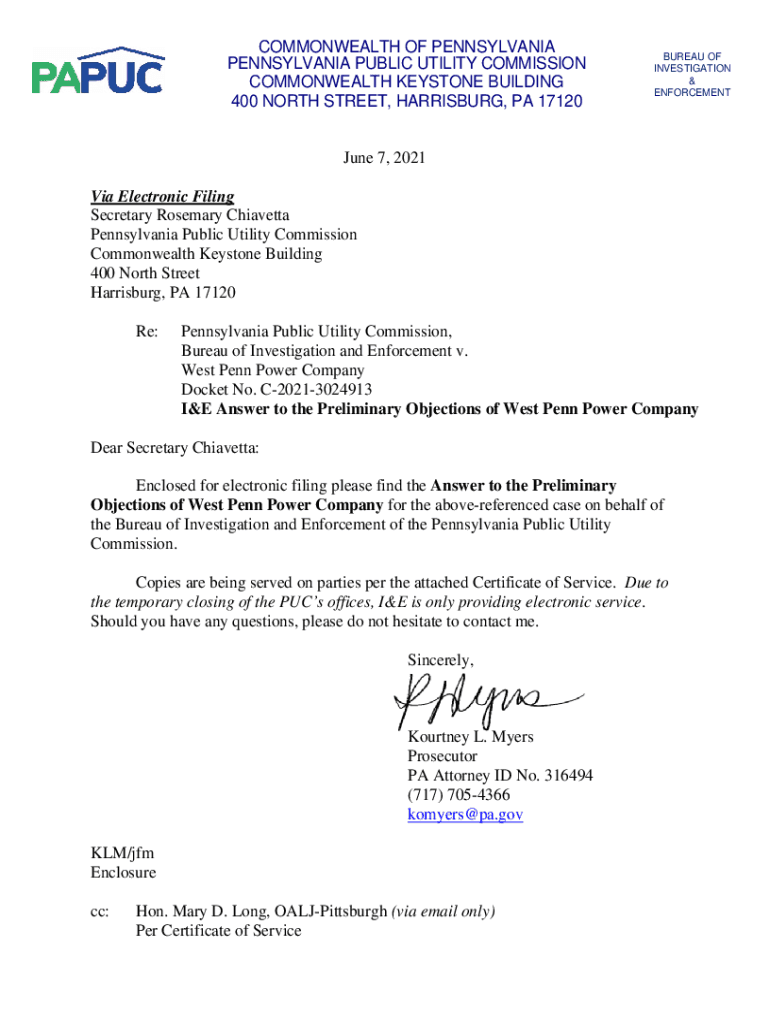 Fillable Online I&E Answer to the Preliminary Objections of West Penn ...