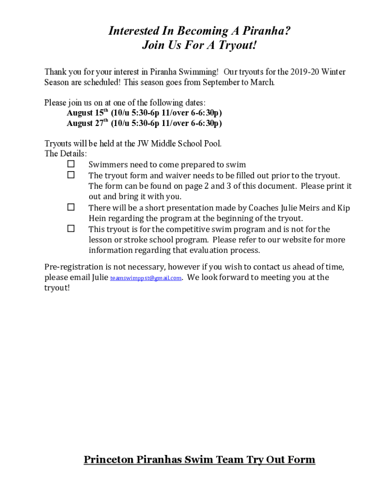 Fillable Online Thank you for your interest in Princeton Piranhas Swim ...