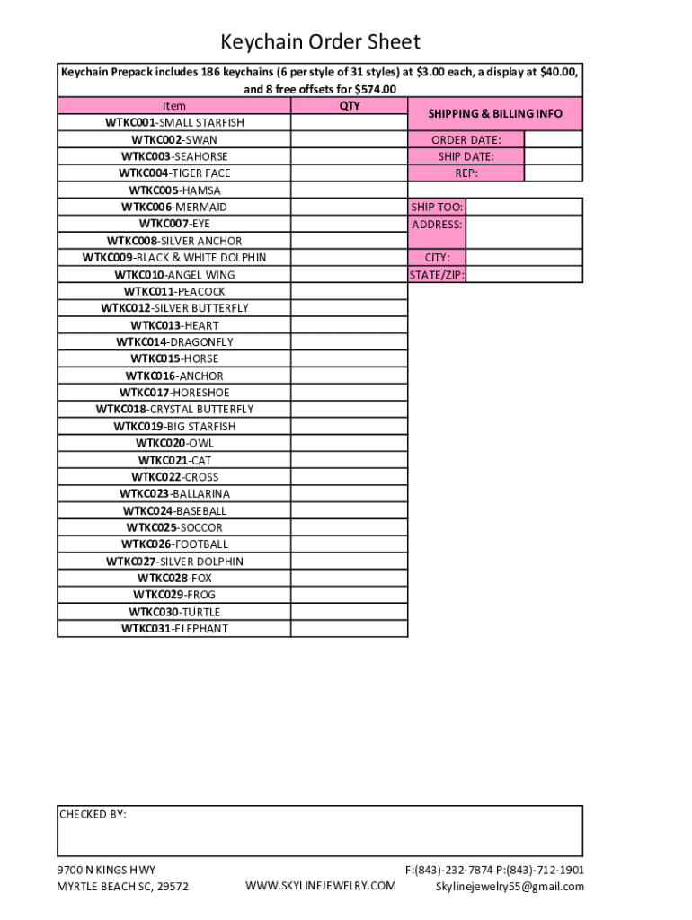Fillable Online Keychain Order Sheet Fax Email Print - pdfFiller