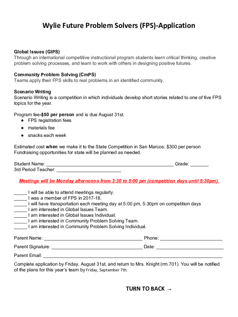 Fillable Online Wylie Future Problem Solvers (FPS)-Application Fax ...