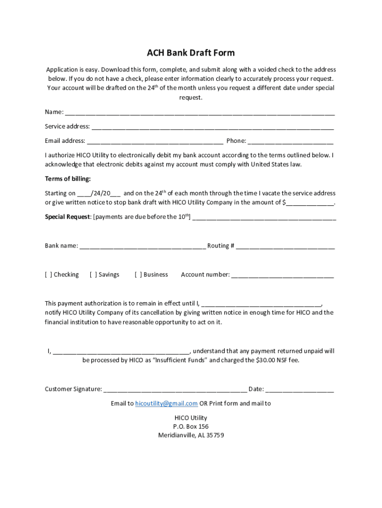 Fillable Online ACH Bank Draft Form Fax Email Print - pdfFiller