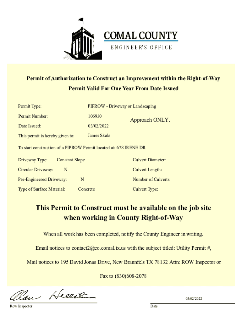 Fillable Online Permit of Authorization to Construct an Improvement ...