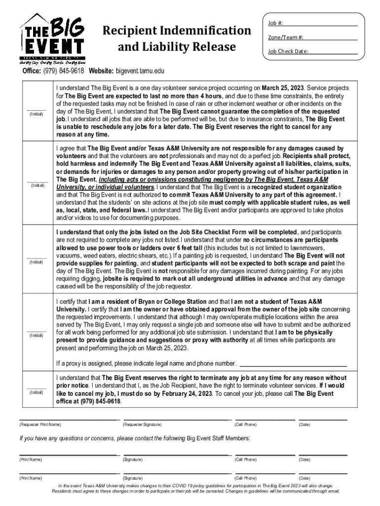 Fillable Online Recipient Indemnification and Liability Release - The ...