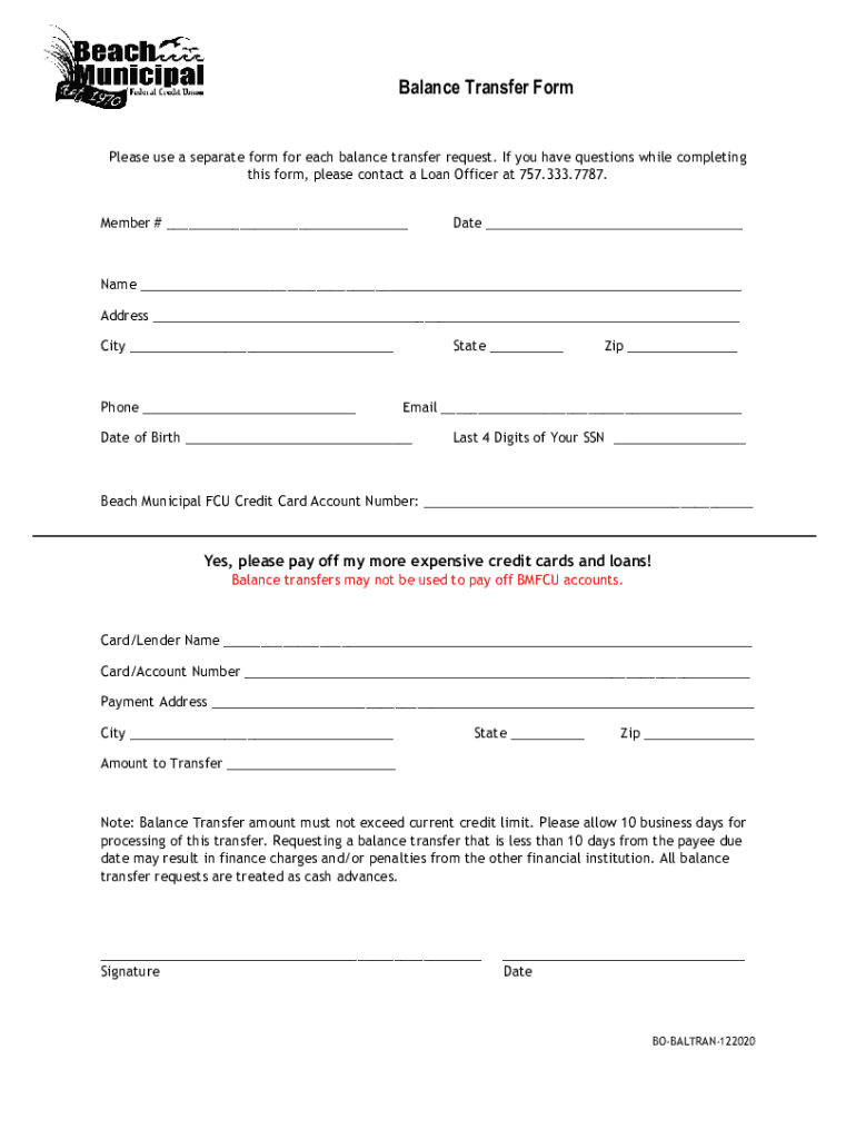 Fillable Online Balance Transfer Request Contact Form Fax Email Print ...