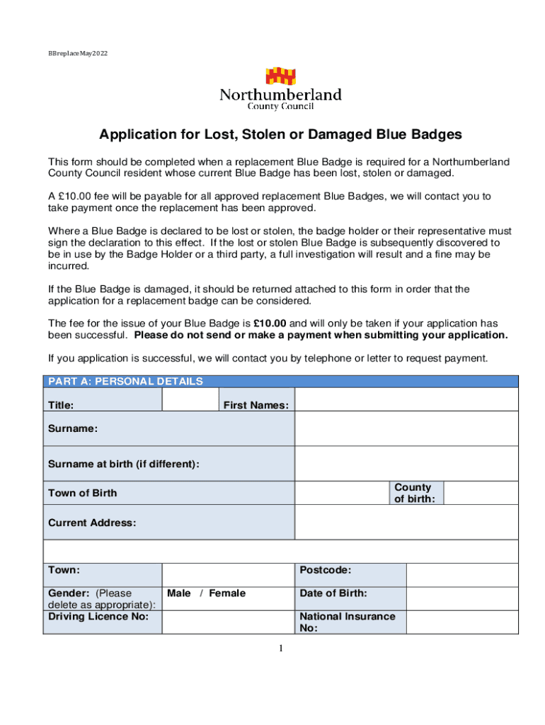 Fillable Online Application for Lost, Stolen or Damaged Blue Badges Fax ...