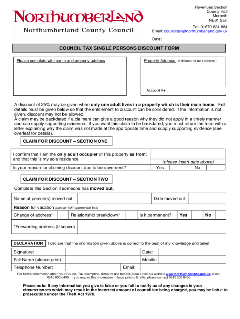 Fillable Online Council Tax - Apply for single person discount - About this form Fax Email Print ...