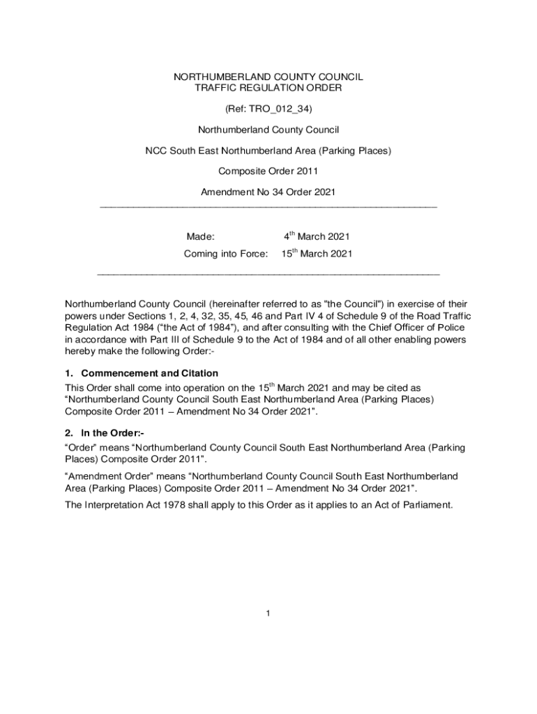 Fillable Online Northumberland County Council Traffic Regulation Order ...