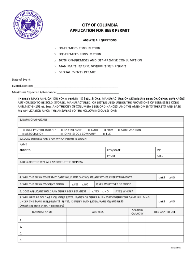 Fillable Online CITY OF COLUMBIA APPLICATION FOR BEER PERMIT Fax Email ...